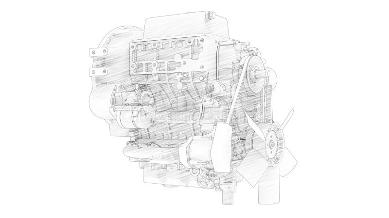 3D Rendering - Outlined Large Engine Assembly Stock Illustration ...
