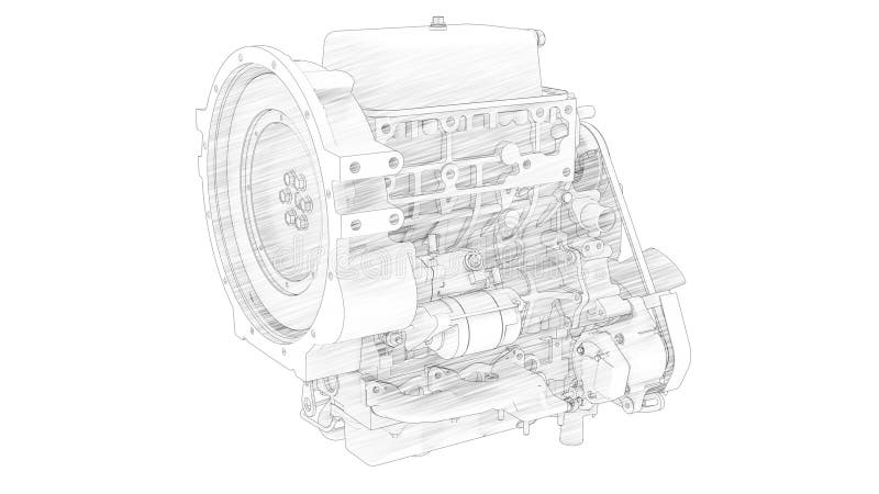 3D Rendering - Outlined Perspective View of a Large Engine Assembly ...