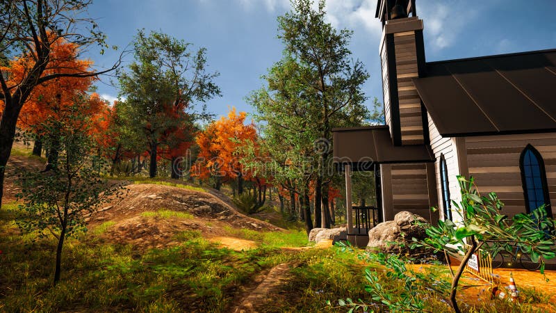 Outside American Church with Natural Environment, 3D Render Stock ...