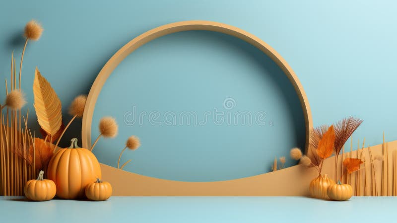 3d Rendering of an Oval Frame with Pumpkins and Leaves on a Blue ...