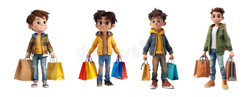 3D Rendering Pack of a Boy Standing with Shopping Bags on Transparent ...