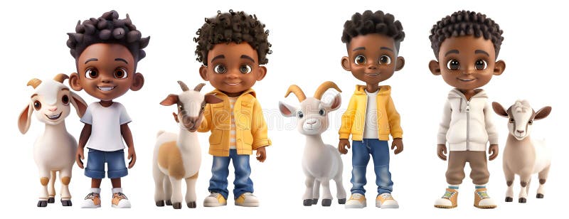 3D Rendering Pack of a Cartoon of Boy with Goat Standing on Transparent ...