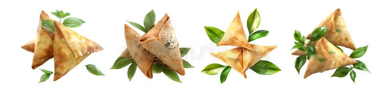 3D Rendering Pack of a Samosa with Leaves on Transparent Background ...