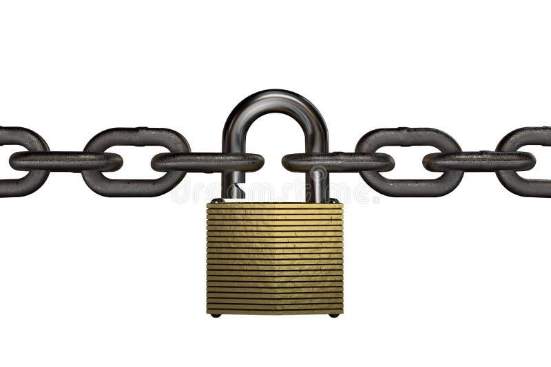 3D Rendering from a Padlock between Two Iron Chains, Isolated on White ...