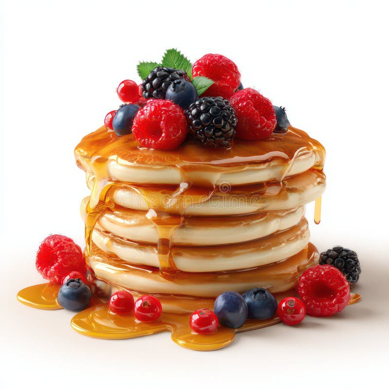 3D Rendering of Pancakes Stack with Berries and Honey, Breakfast Stock ...