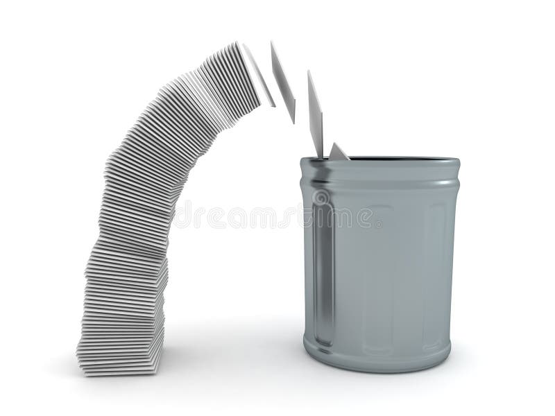 3D Rendering of Paper Stack Falling into the Garbage Can Stock ...