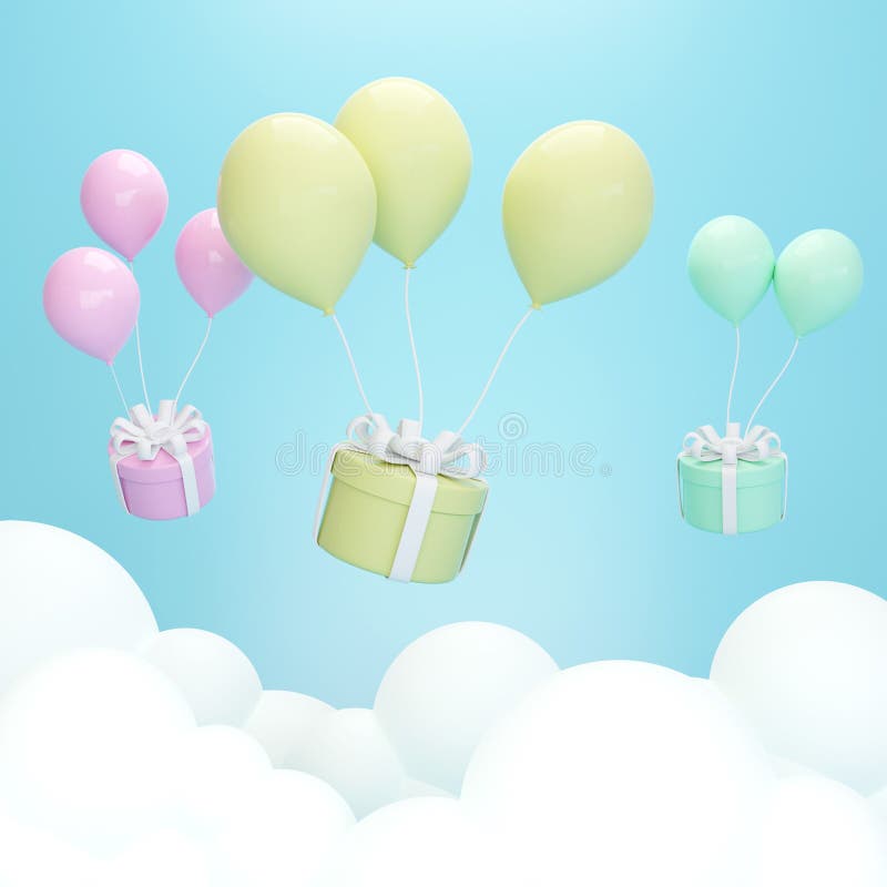 3D Rendering Pastel Gift Box with Balloon on Cloud Stock Illustration ...