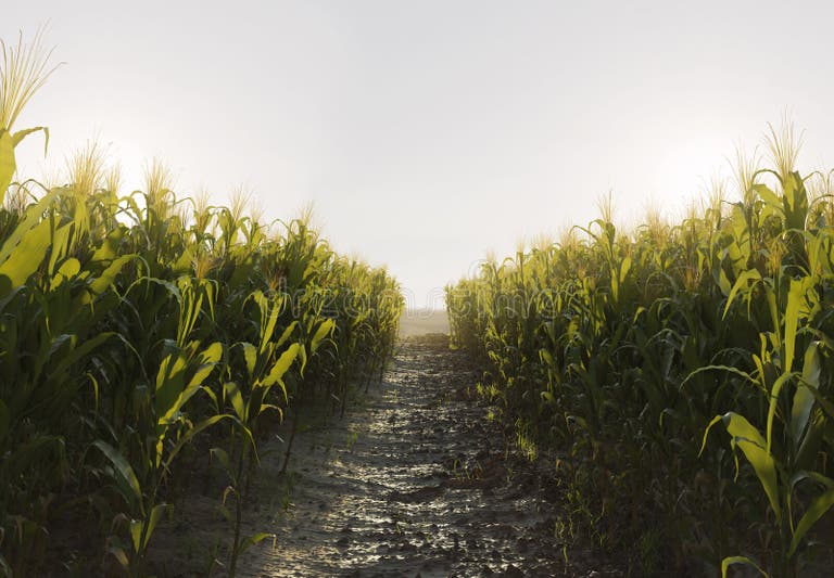 3d Rendering of Path between Two Corn Field in the Evening Sunlight ...