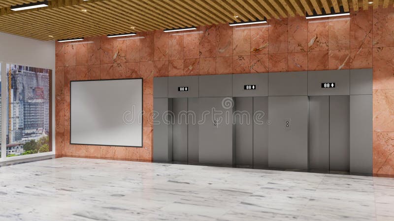 3D Rendering Perspective Front of Elevator Doors with Large Board Stock ...