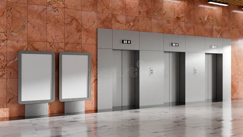 3D Rendering Perspective Front Elevator Doors with Two Signboard Stock ...