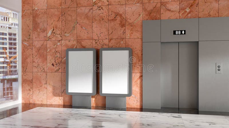 3D Rendering Perspective Front Elevator Doors with Two Signboard Stock ...