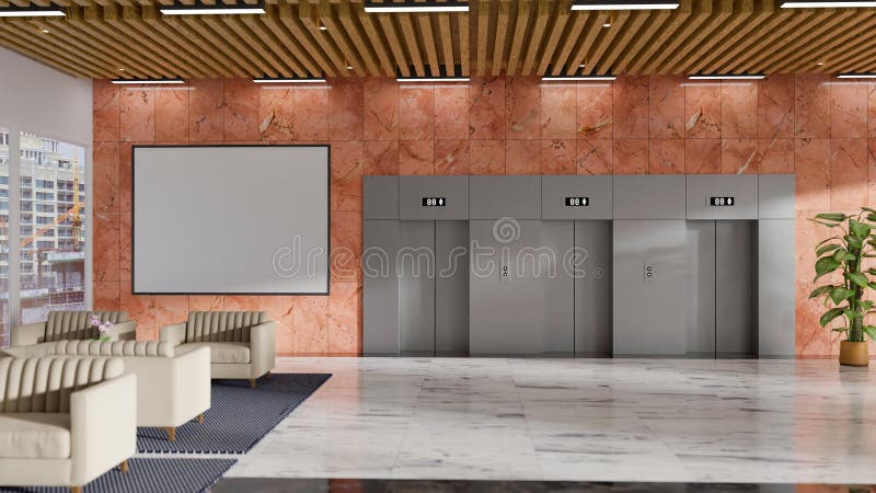 3D Rendering Perspective Lobby at Front Elevator with Large Board Stock ...