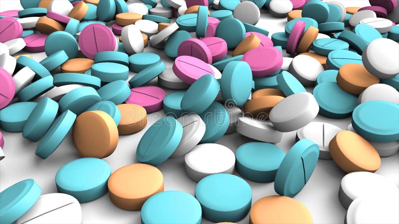 3D Rendering Pile of Pink, Blue, White, Beige Round Pills on White ...
