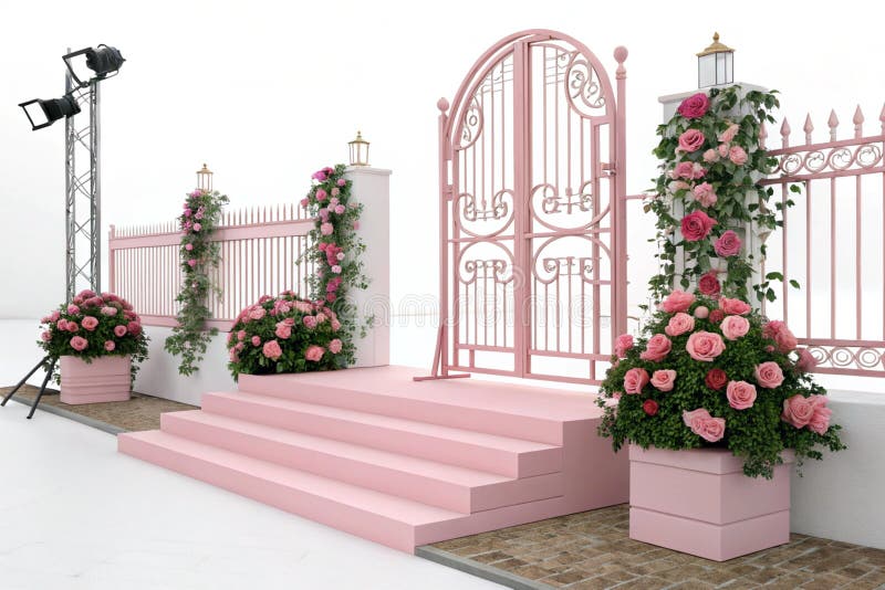 3D Rendering Pink Gate and Studio Background with Podiums Steps and ...