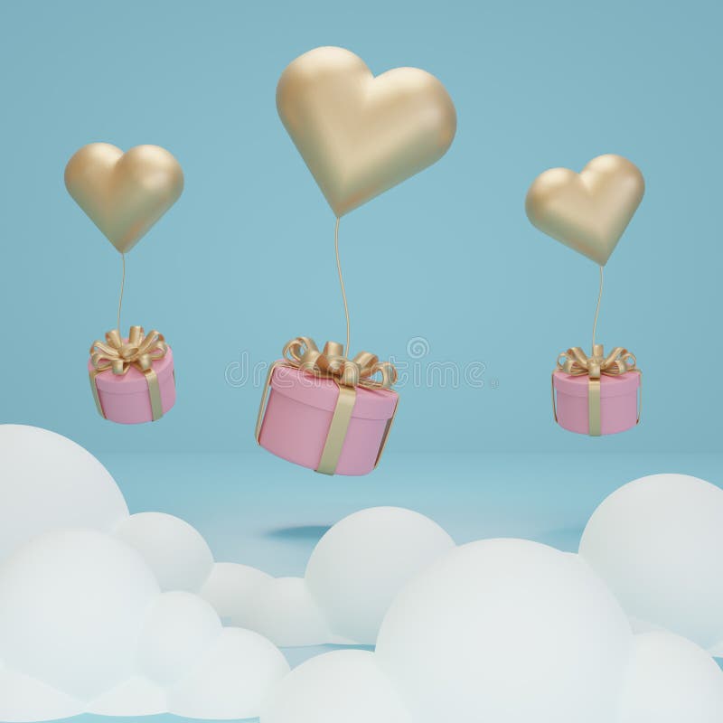 3D Rendering Pink Gift Box with Gold Heart Balloon on Cloud Stock ...