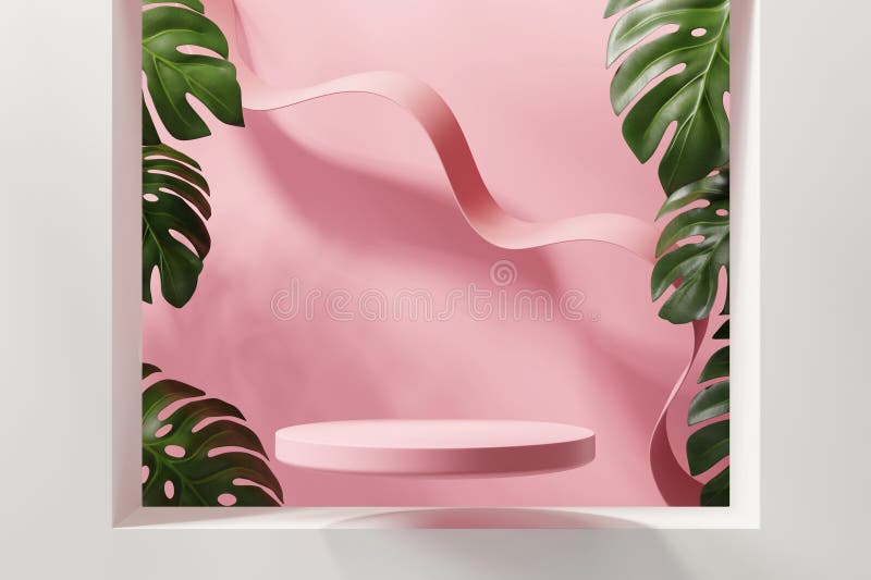 3D Rendering Pink Platform Podium with Tropical Plant Product ...