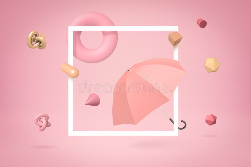 3d Rendering of Pink Umbrella with Random Geometric Objects on Pink ...