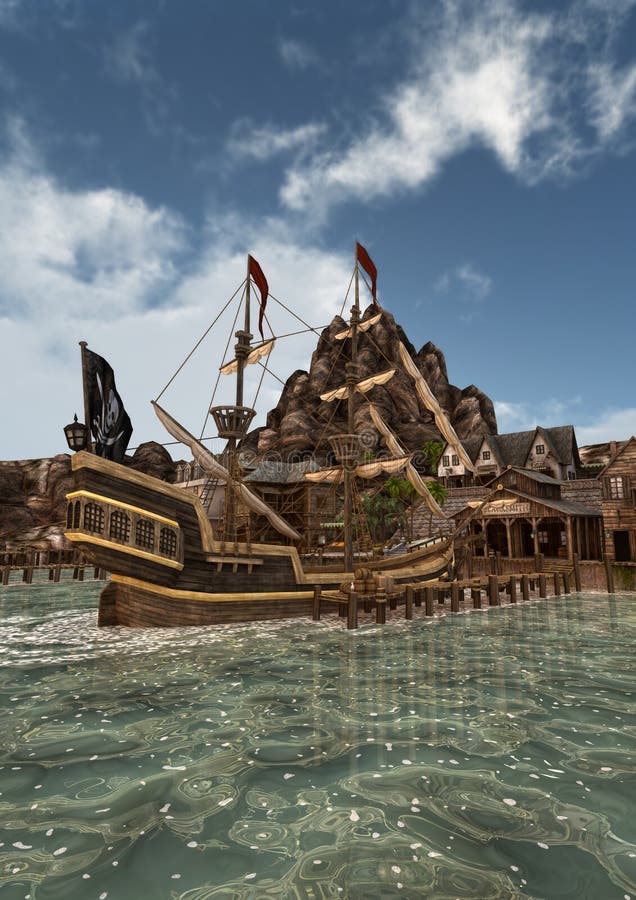 3D Rendering Pirate Ship stock image. Image of view, rocky - 99991617