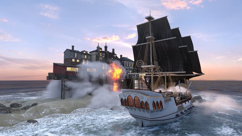 3D Rendering of a Pirate Ship Stock Photo - Image of horizontal ...