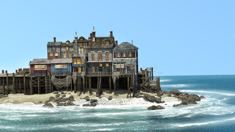 3D Rendering Pirate Village Stock Illustration - Illustration of water ...