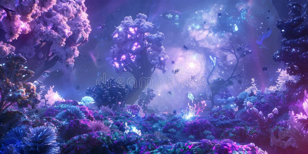 A 3D Rendering of a Planetary Garden with Mythical Creatures and Plants ...