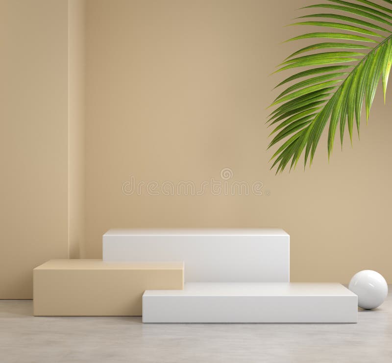 3d Rendering Podium Display Set, Beige Palm Leaf Illustration ...