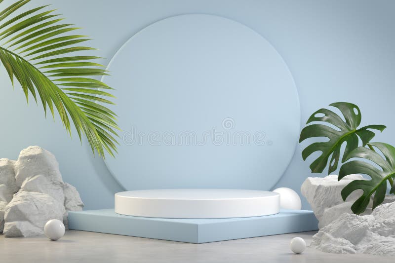 3d Rendering Podium Stand, Tropic Concept, Blue Pastel Illustration ...