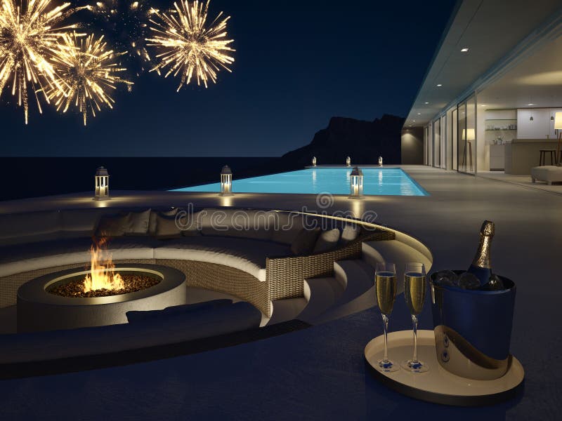 3d Rendering of Pool Villa with Fireworks and Champagne. New Years Eve ...