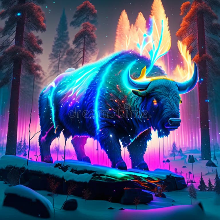 3d Rendering of a Powerful Bison in the Forest at Night Generative AI ...
