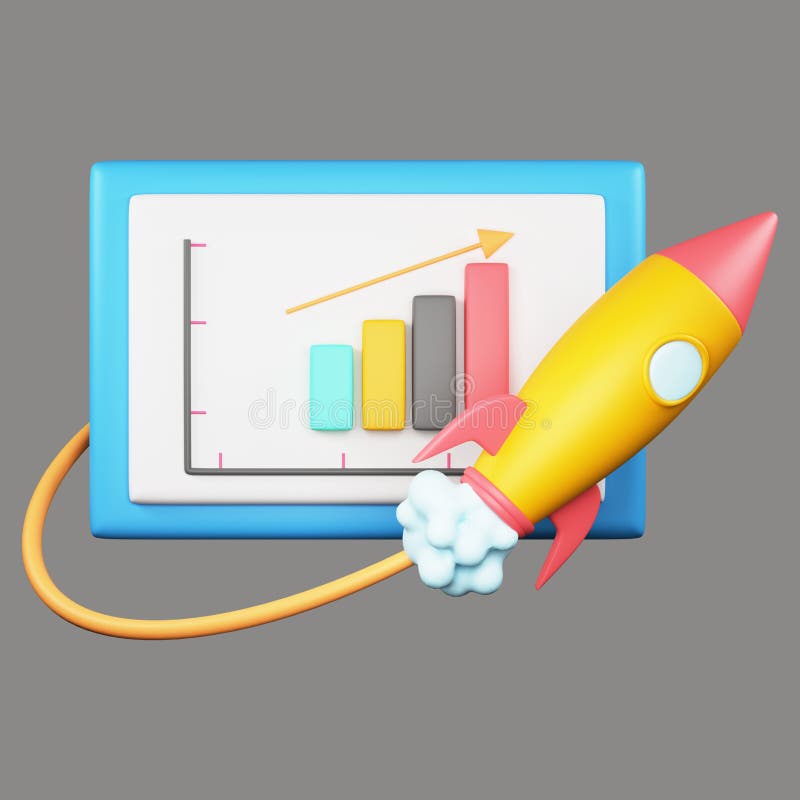 3D Rendering of Presentation Growth Bar Graph and Launching Rocket on ...