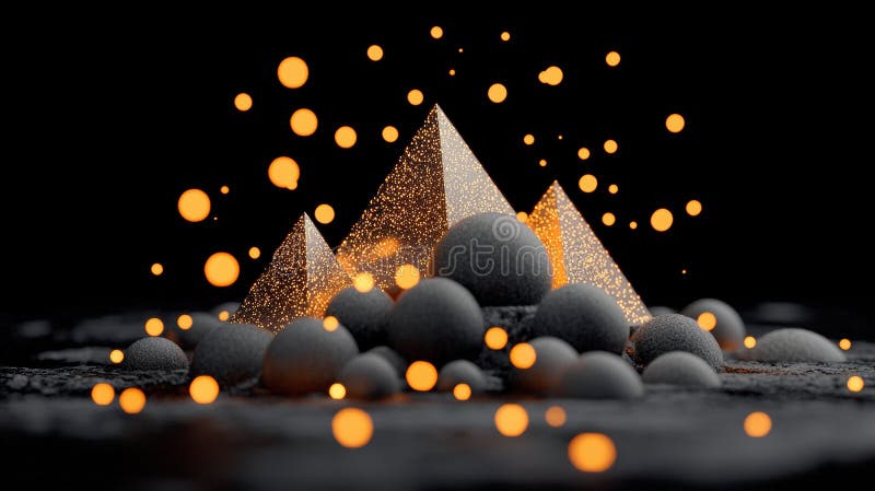 A 3D Rendering of a Pyramid-shaped Object with Glowing Orange Spheres ...