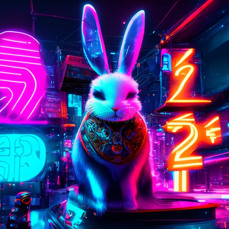 3D Rendering of a Neon Rabbit in Front of a Night City Generative AI ...