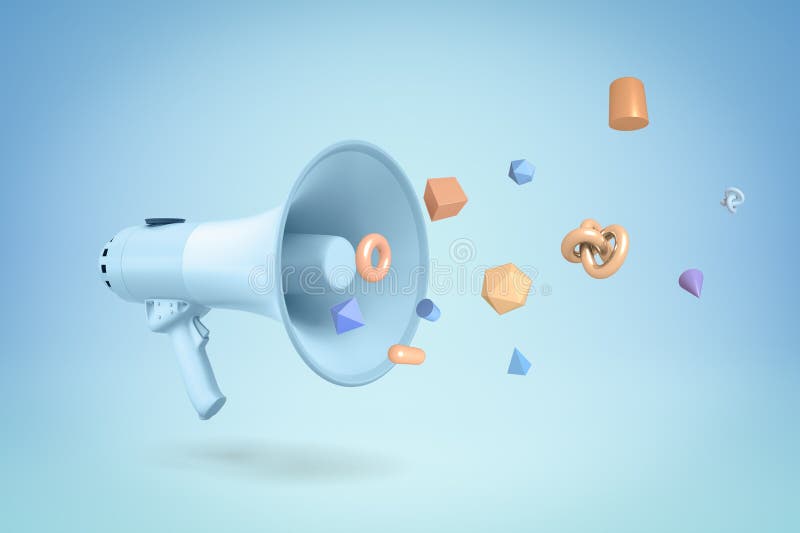 3d Rendering of Random Geometric Objects Flying Out of Blue Megaphone ...