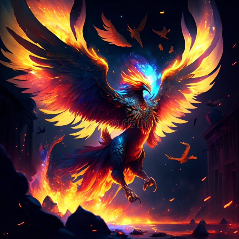 3D Rendering of a Raven Flying in the Night Sky with Fire Generative AI ...