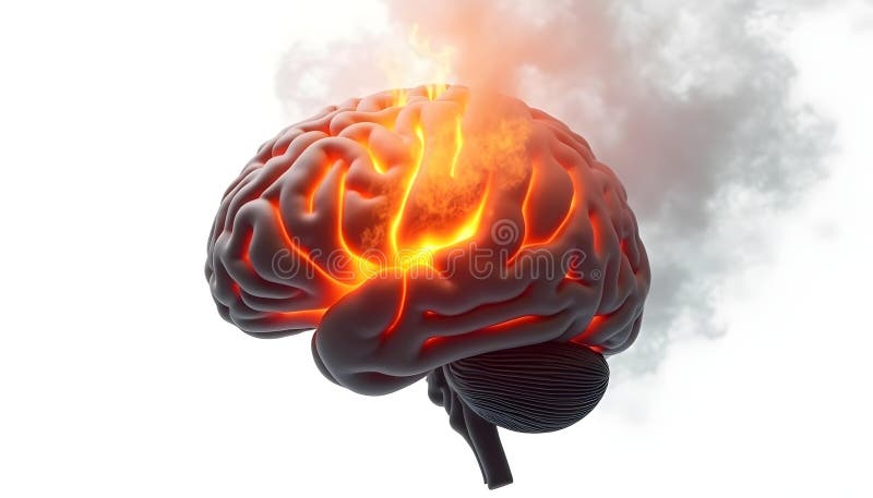Smoking and Burning Realistic Brain on Fire Symbolizing Stress, Anger ...