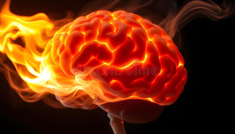 Smoking and Burning Realistic Brain on Fire Symbolizing Stress, Anger ...