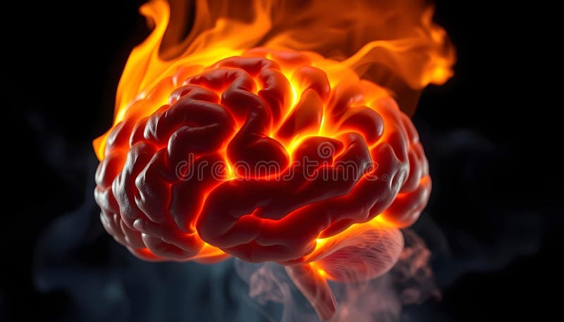 Smoking and Burning Realistic Brain on Fire Symbolizing Stress, Anger ...