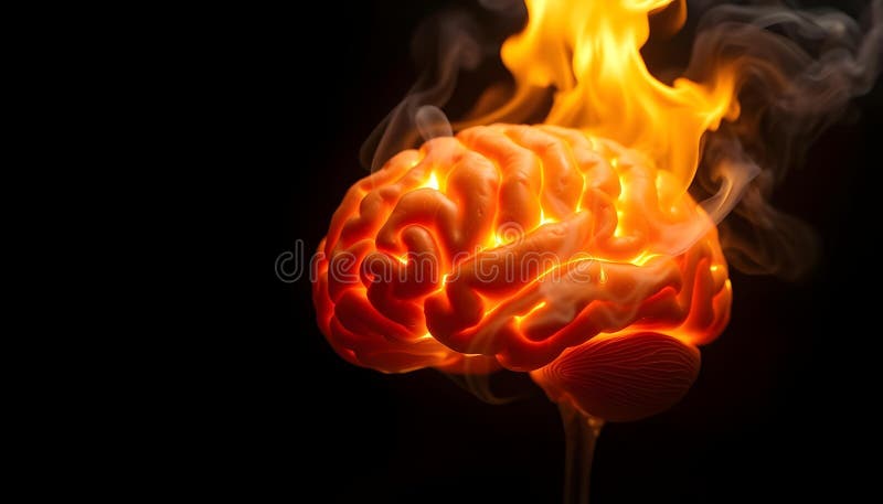 Smoking and Burning Realistic Brain on Fire Symbolizing Stress, Anger ...