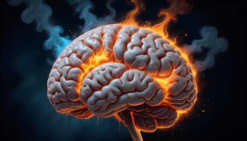 Smoking and Burning Realistic Brain on Fire Symbolizing Stress, Anger ...