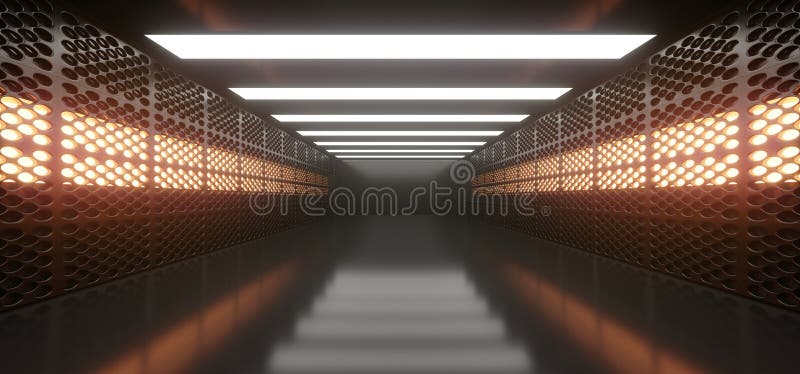 Realistic Empty Black Corridor with Grid Mesh Walls and Lights Stock ...