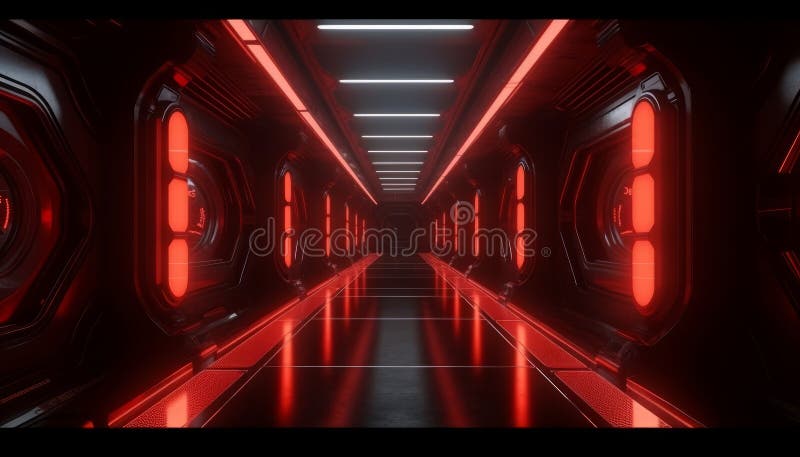 3d Rendering of Realistic Sci-fi Dark Corridor with Red Light Stock ...