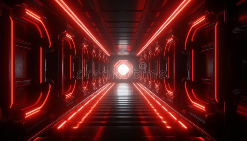 3d Rendering of Realistic Sci-fi Dark Corridor with Red Light Stock ...