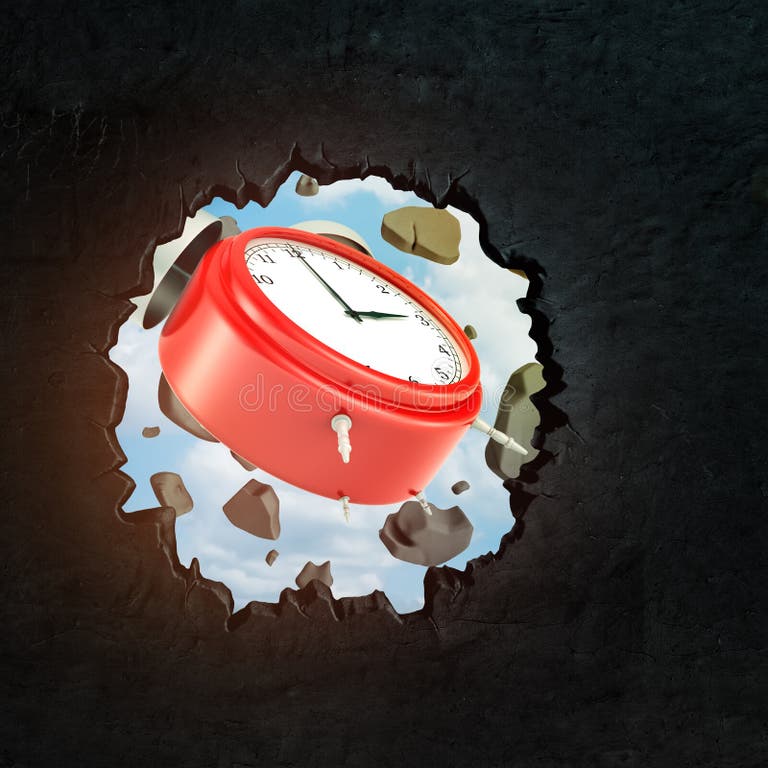 3d Rendering of Red Alarm Clock Breaking Black Wall Stock Illustration ...