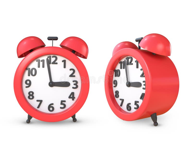 3D Rendering Red Alarm Clock Front and Frontside View Isolated on White ...