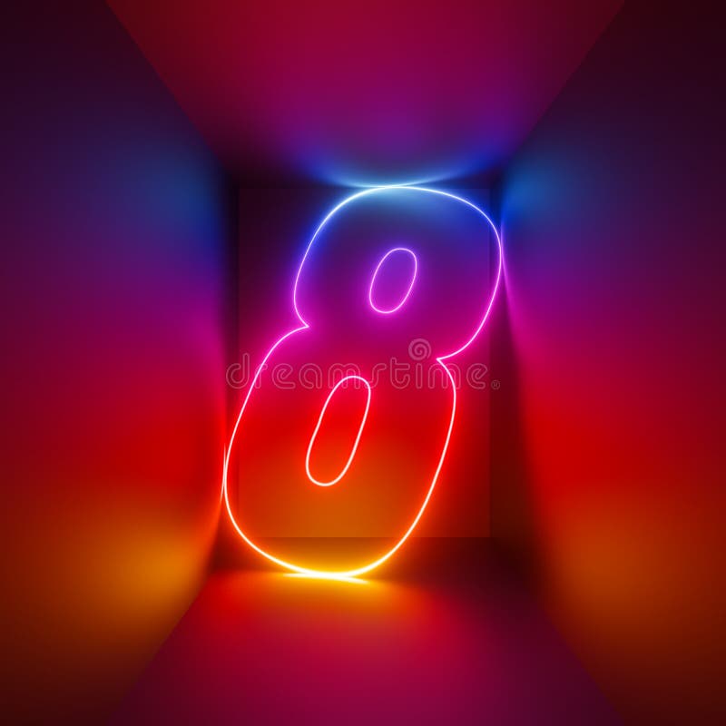 3d Rendering, Red Blue Neon Number Eight, Digital Symbol Inside Square ...