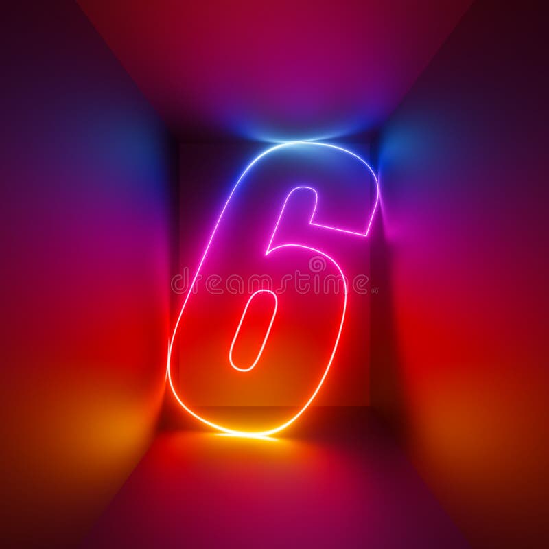 3d Rendering, Red Blue Neon Number Six, Digital Symbol Inside Square ...
