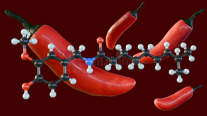 A 3D Rendering of Red Chilis and Molecular Structure of Capsaicin Stock ...