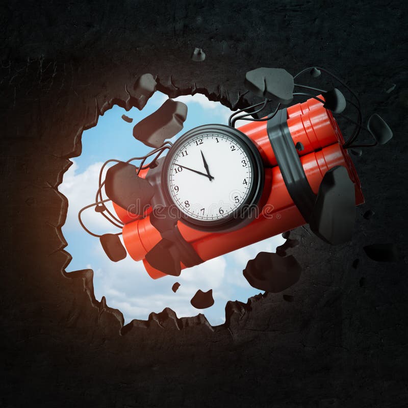 3d Rendering of Red Dynamite Time Bomb Breaking Black Wall Stock Photo ...