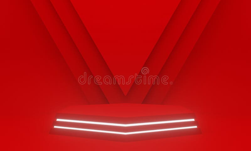 3D Rendering. Red Geometric Podium with White Neon Lights Stock ...