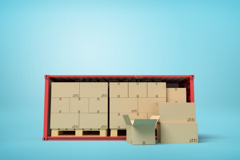 3d Rendering of Red Open Container Full of Cardboard Packages Stock ...